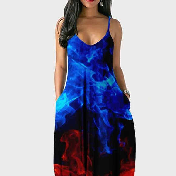 Dresses | Z988 Flaming Orange And Blue Fulllength Sundress | Poshmark